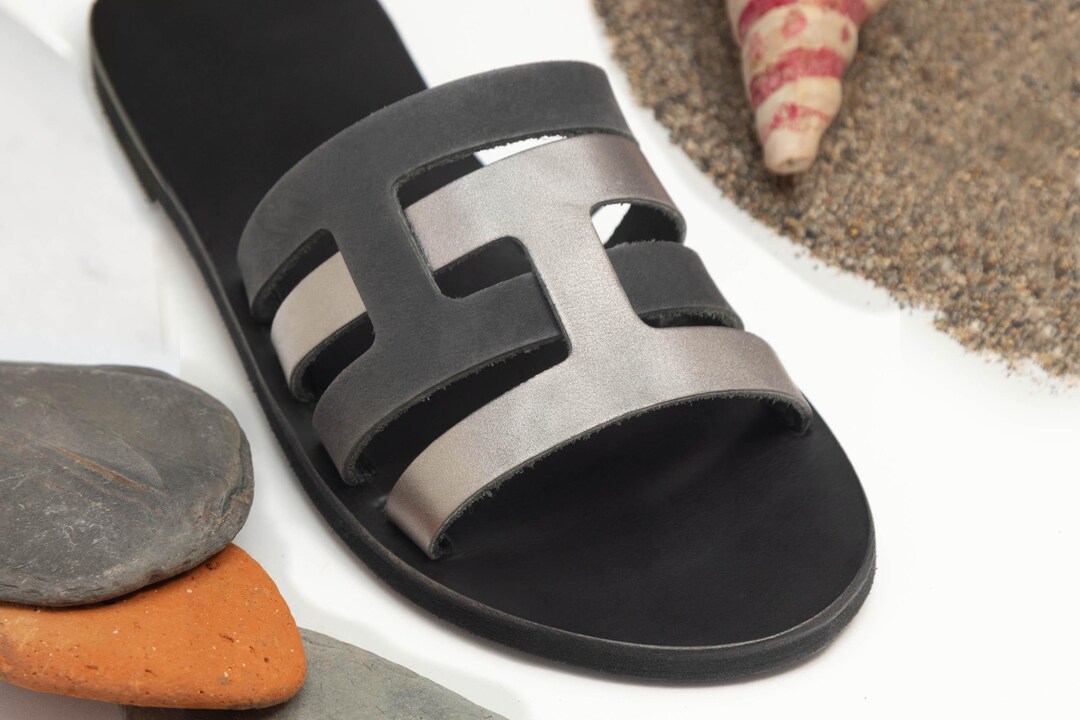 Handmade Leather Slide Sandals: Black & Metal Lattice Uppers - Etsy