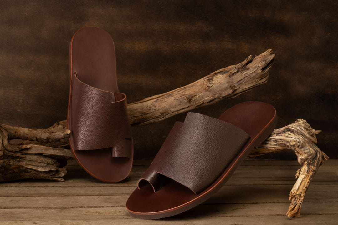 Men's Handmade Leather Slides: Pebbled Brown Summer Sandals - Etsy