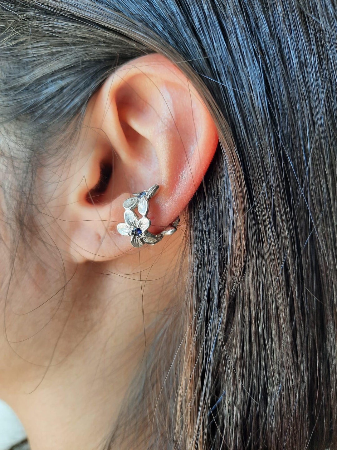 Plumeria Flower Cuff, Silver Ear Cuff, Gemstones, Faux Cuff, Faux Cartilage Piercing, Fake ...