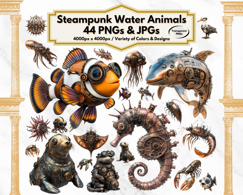 Steampunk Water Animals Clipart, Nautical Steampunk Illustrations, Fish ...
