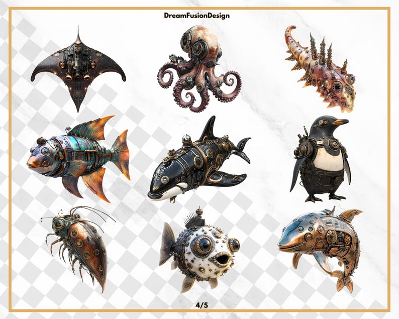 Steampunk Water Animals Clipart, Nautical Steampunk Illustrations, Fish ...