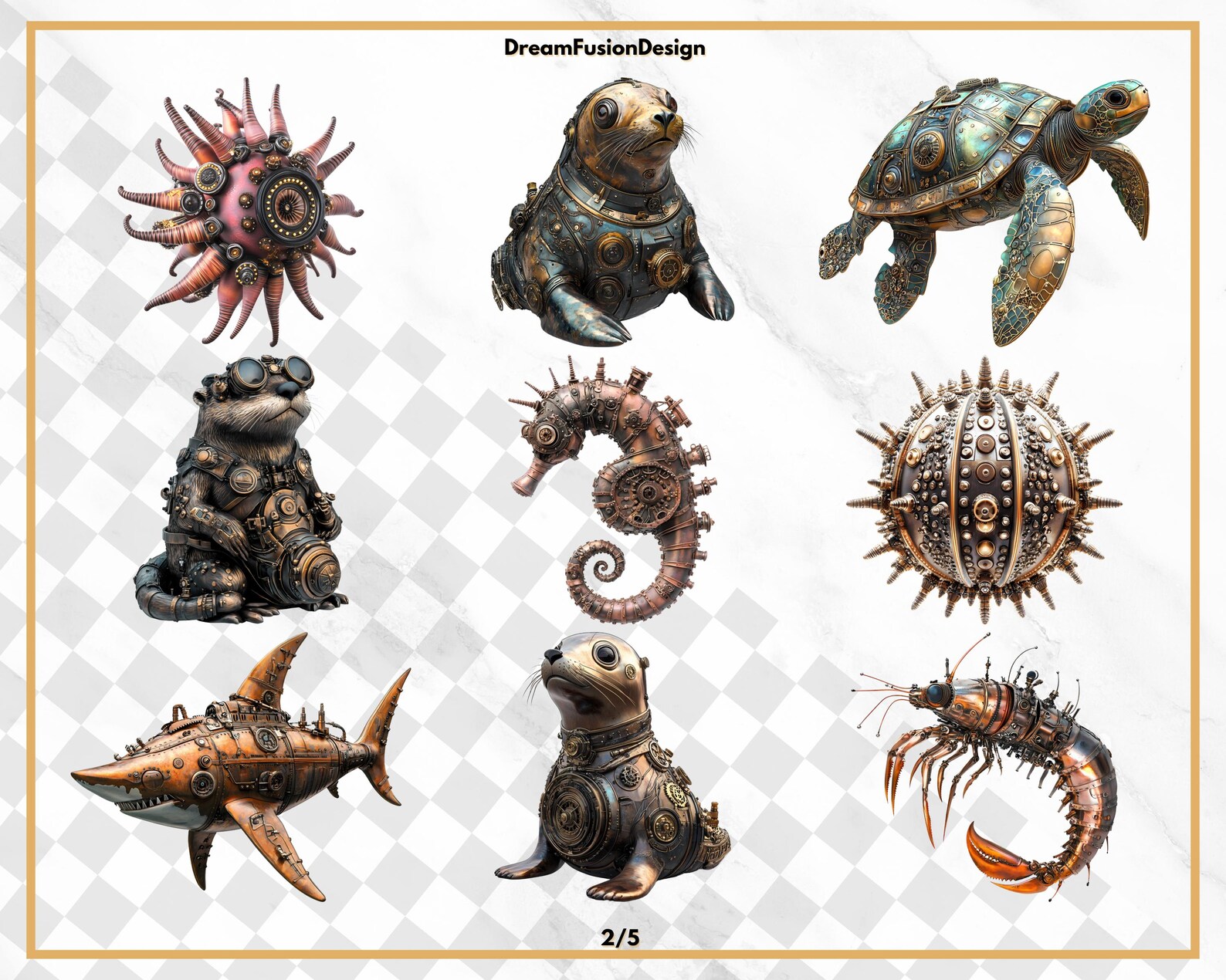 Steampunk Water Animals Clipart, Nautical Steampunk Illustrations, Fish ...