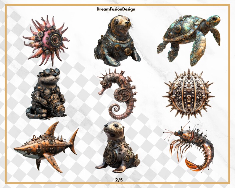 Steampunk Water Animals Clipart, Nautical Steampunk Illustrations, Fish ...