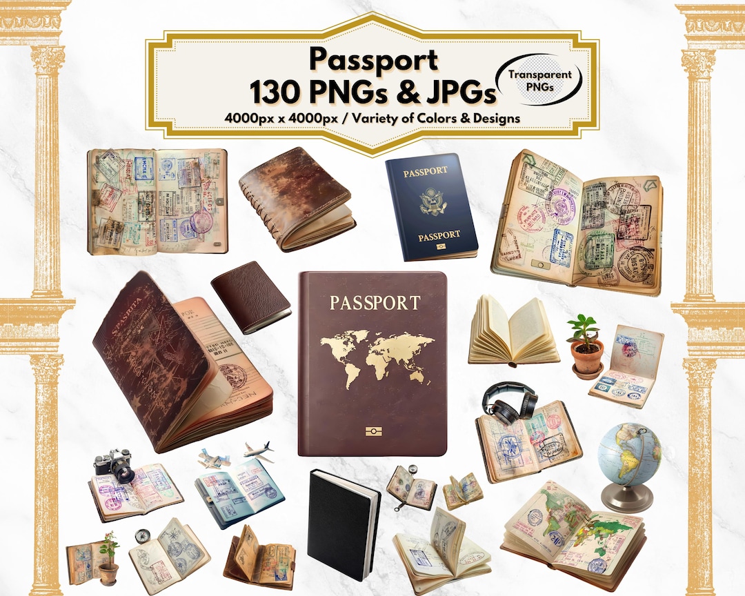 Passport Clipart: 130 Travel-themed Designs (PNG, JPG Digital Download ...