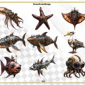 Steampunk Water Animals Clipart, Nautical Steampunk Illustrations, Fish ...