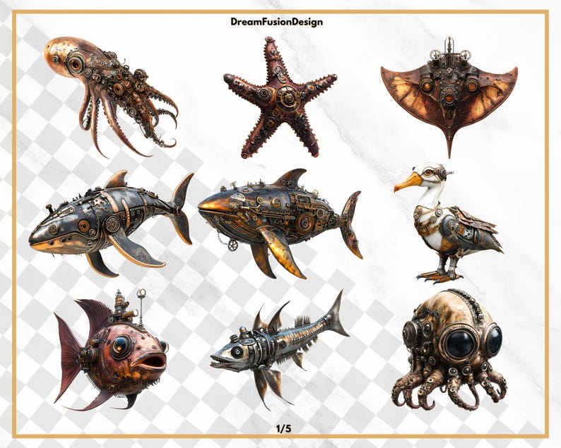 Steampunk Water Animals Clipart, Nautical Steampunk Illustrations, Fish ...