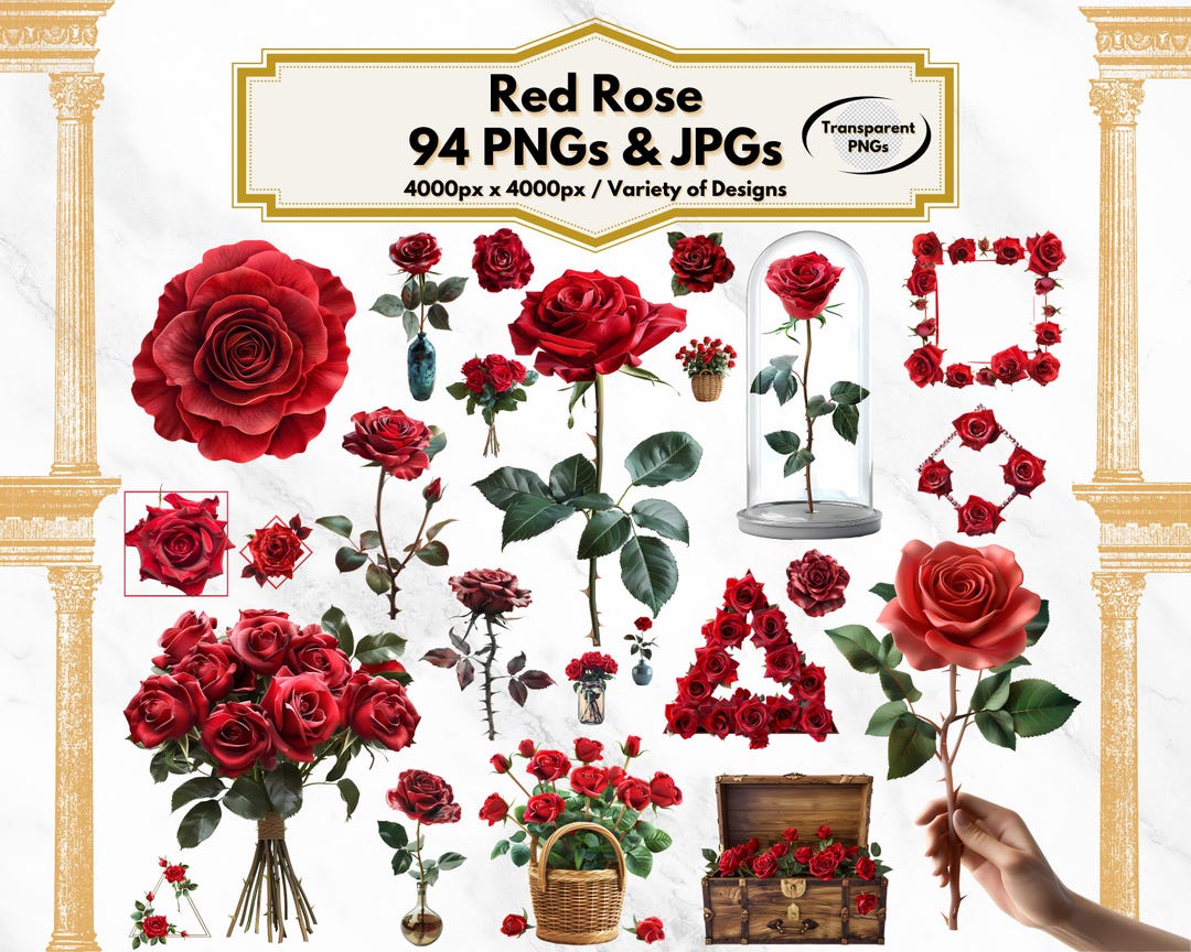 Red Rose Clipart, 94 Elegant Rose Designs, Watercolor Roses, Floral ...