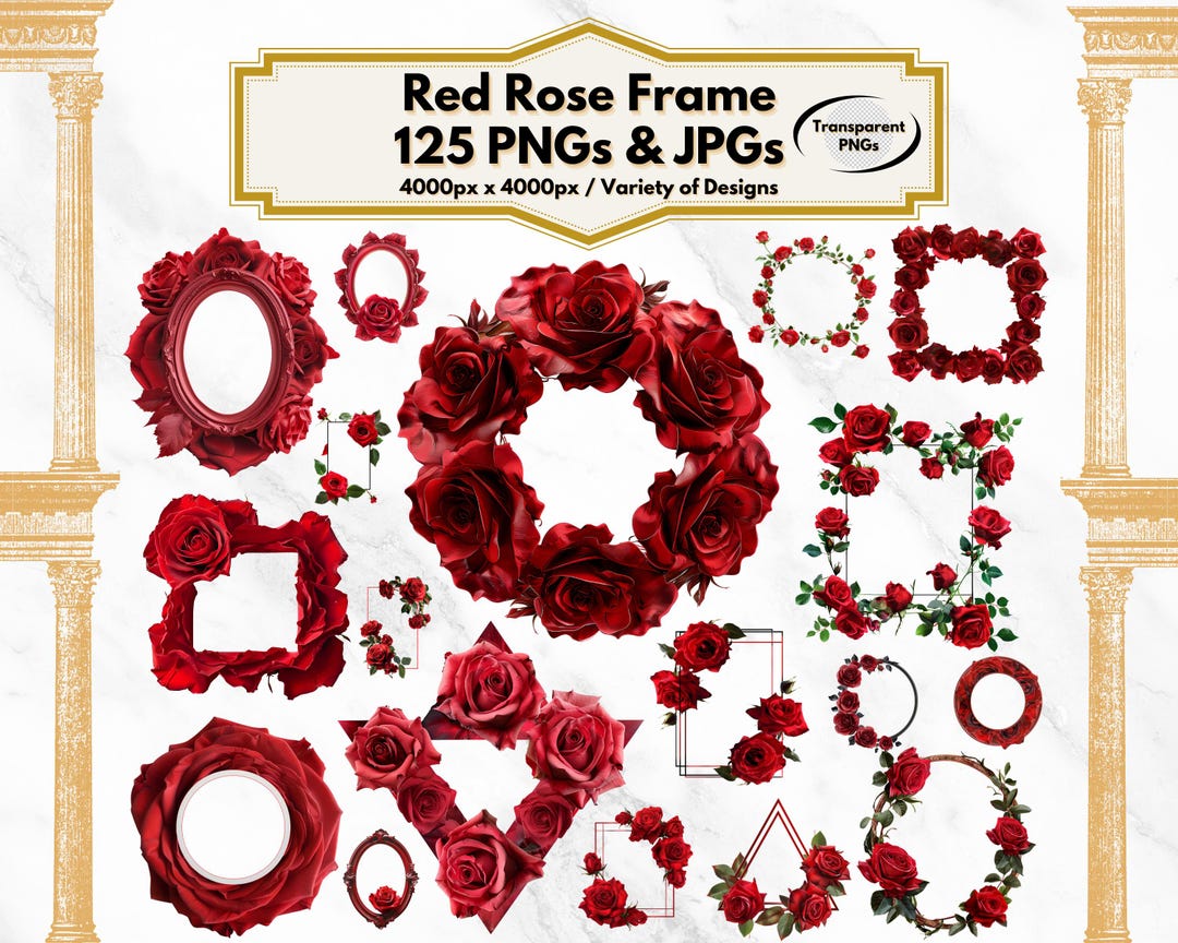 Red Rose Frame Clipart, 125 Elegant Floral Frames, Watercolor Roses ...