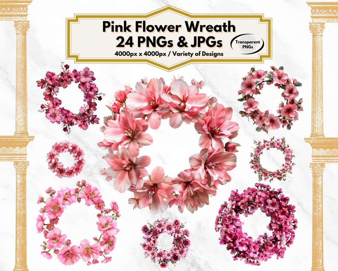 Pink Flower Wreath Clipart, 24 Floral Wreath Designs, Watercolor Flower ...
