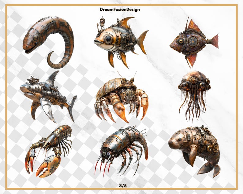 Steampunk Water Animals Clipart, Nautical Steampunk Illustrations, Fish ...
