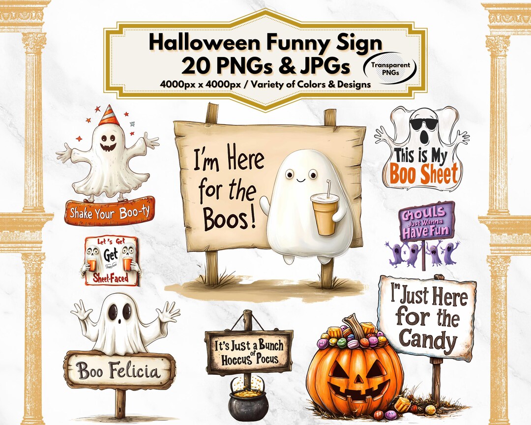 Funny Halloween Sign Clipart: 20 Spooky Designs (PNG, JPG Digital ...