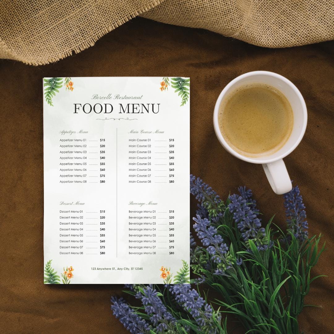 Green Flora, Food Menu, Elegant Botanical Menu Template, Printable ...