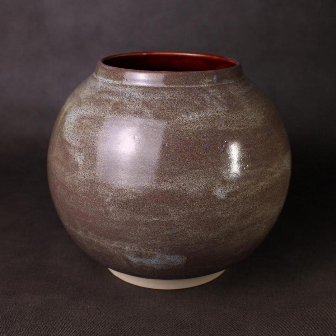 Moon Jar | Gray Glaze & Red Accents | Trimmed Foot | Handmade in ...