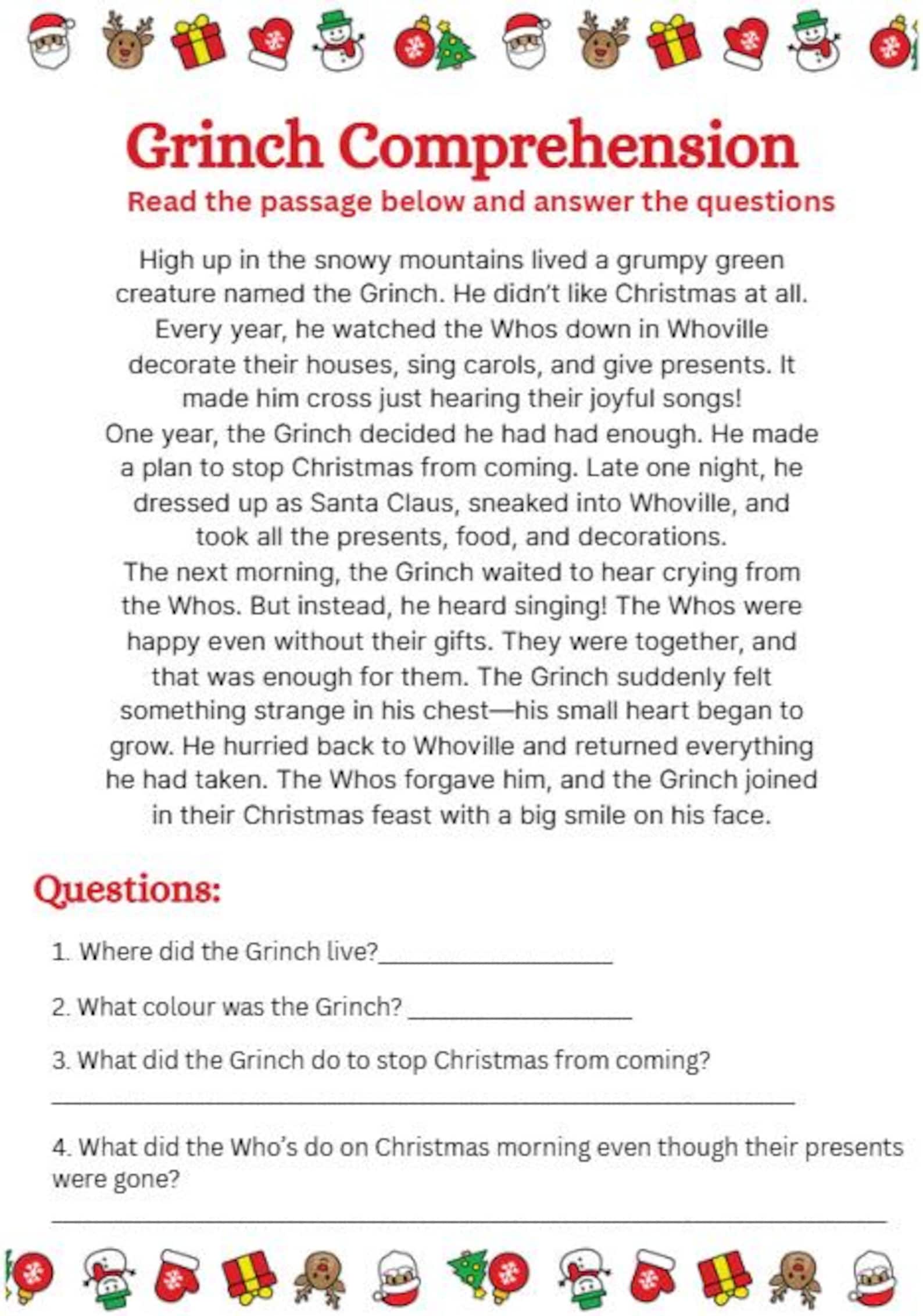 Christmas Reading Comprehension - Etsy