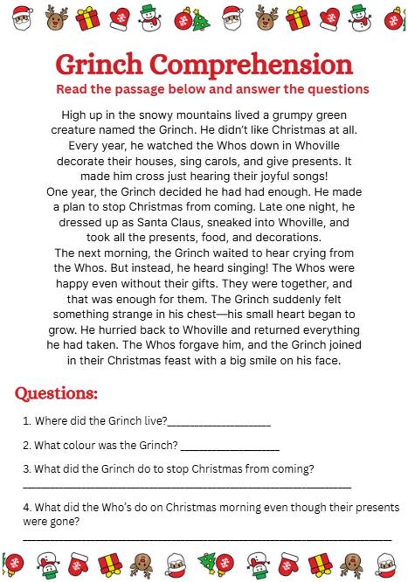 Christmas Reading Comprehension - Etsy