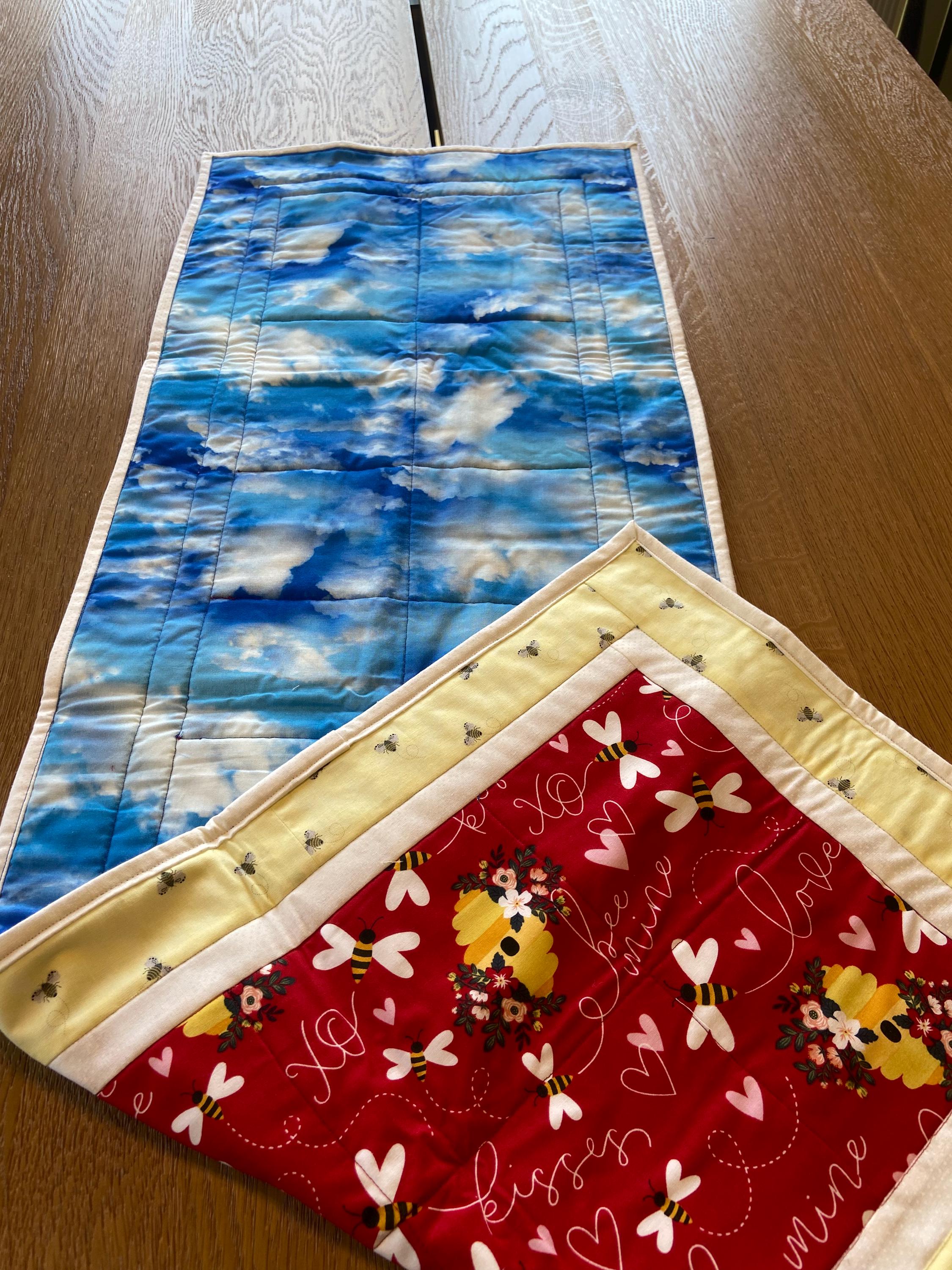 Quilted Table Runner: Sky Clouds & Honey Bee Reversible Design Handmade ...