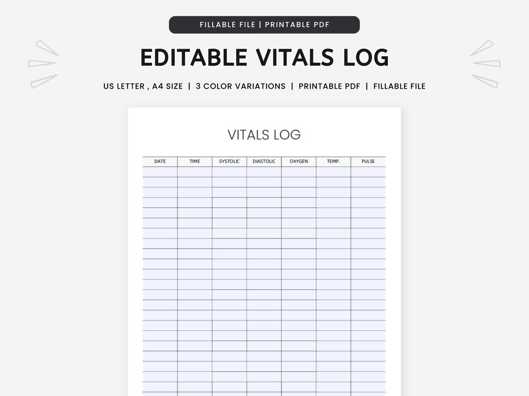 Vitals Log Sheet, Printable & Fillable Vital Sign Chart Template, Daily Intake Blood Pressure ...