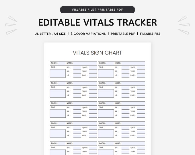 Vital Signs Chart Template, Editable Vitals Log, Printable Fillable ...