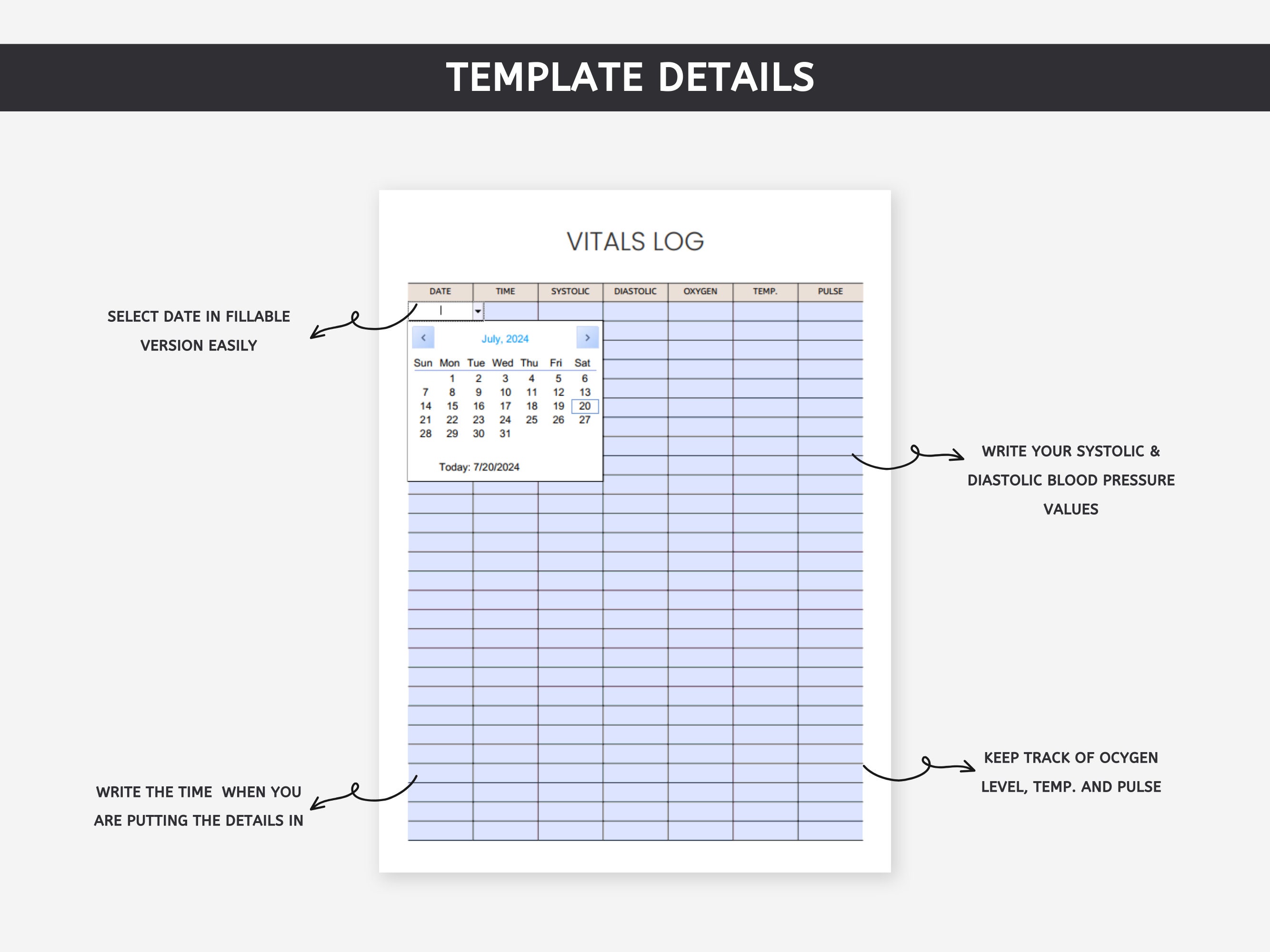 Vitals Log Sheet, Printable & Fillable Vital Sign Chart Template, Daily ...