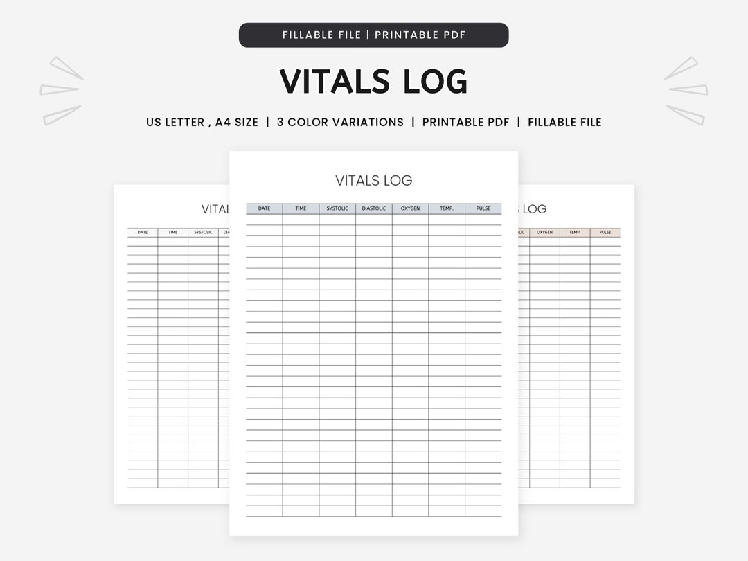 Vitals Log Sheet, Printable & Fillable Vital Sign Chart Template, Daily ...