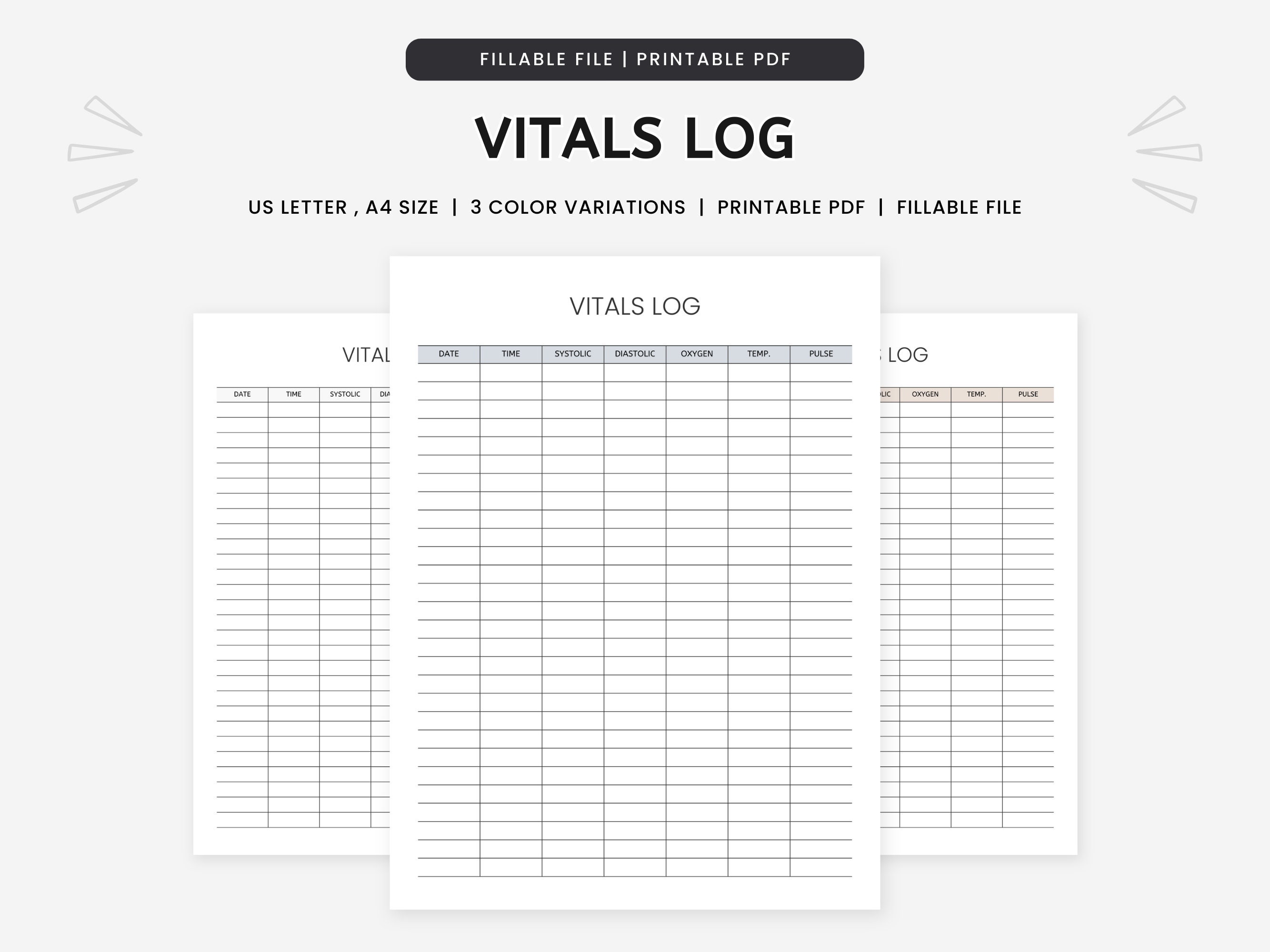 Vitals Log Sheet, Printable & Fillable Vital Sign Chart Template, Daily ...