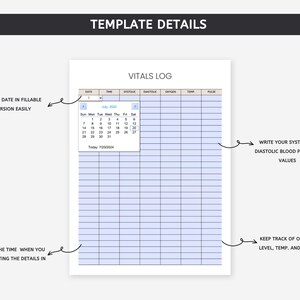Vitals Log Sheet, Printable & Fillable Vital Sign Chart Template, Daily ...