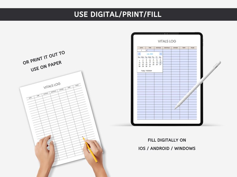 Vitals Log Sheet, Printable & Fillable Vital Sign Chart Template, Daily ...