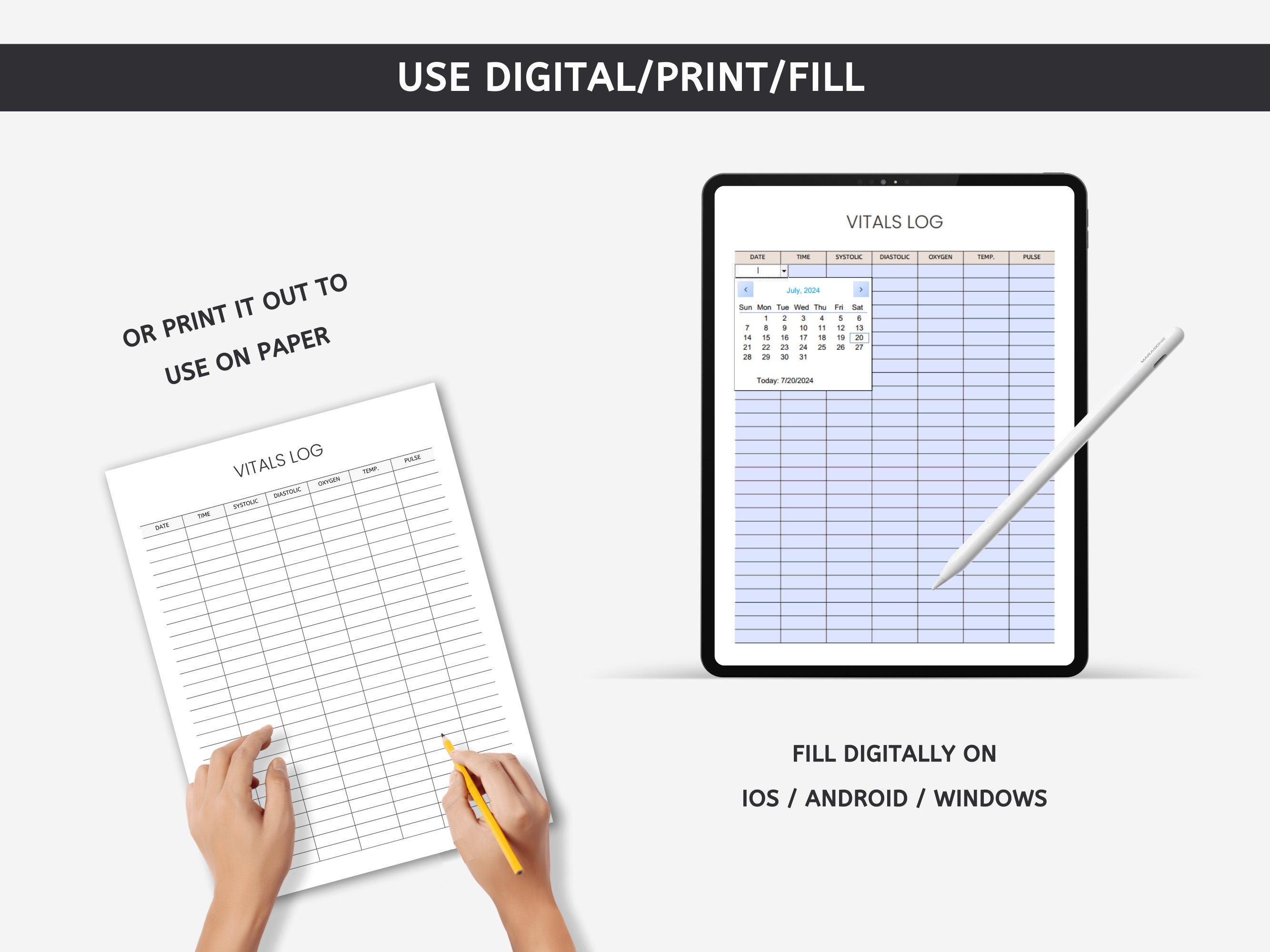 Vitals Log Sheet, Printable & Fillable Vital Sign Chart Template, Daily ...