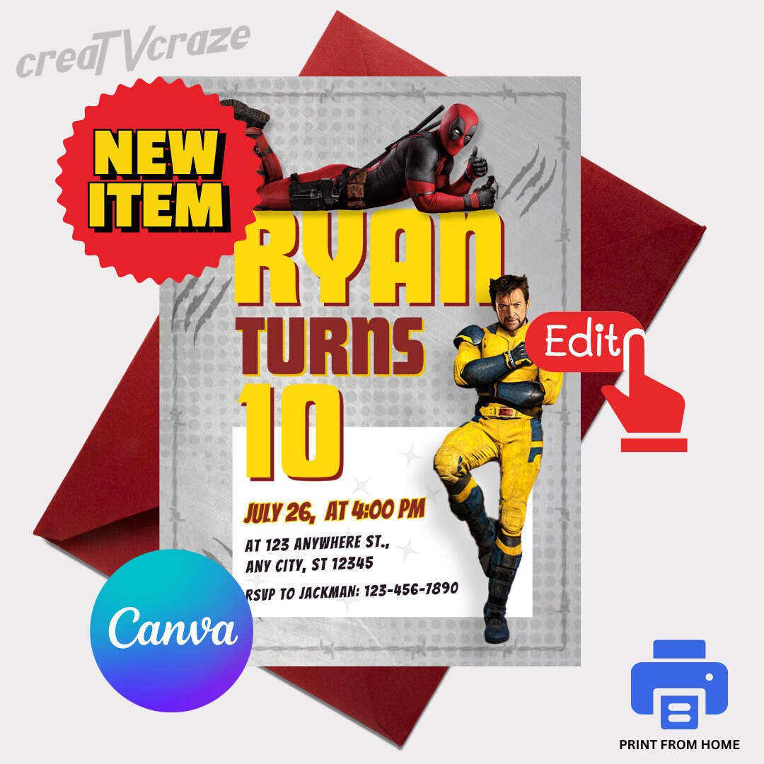 Deadpool & Wolverine Birthday Invitations customizable Canva Template ...