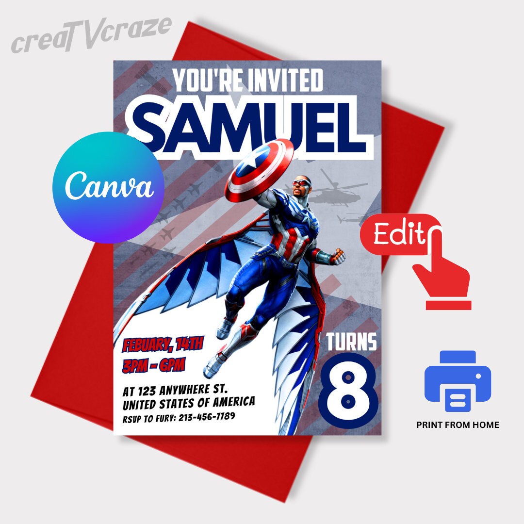 Captain America Party Invitation sam Wilson - Etsy