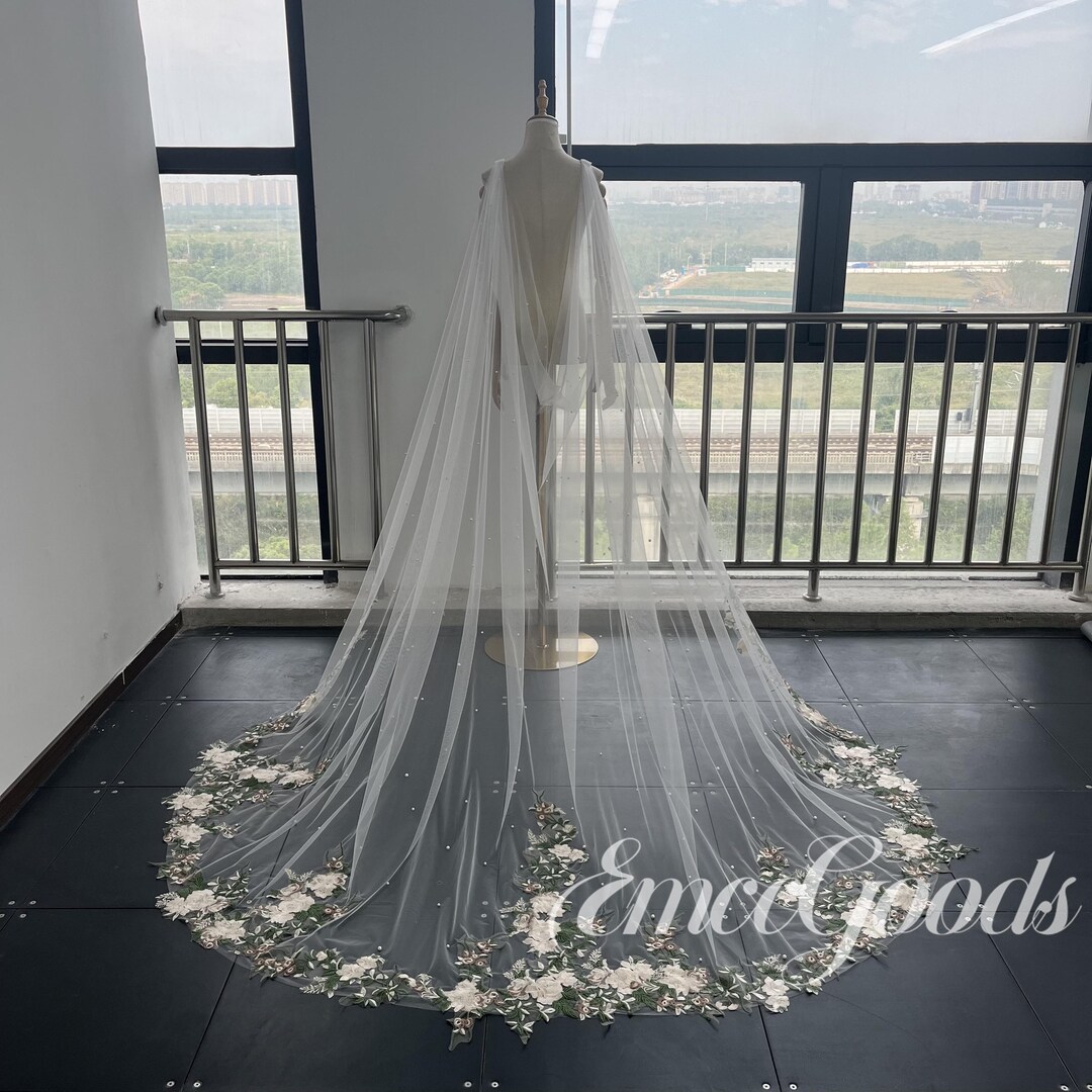 Dark Green Floral Wedding Cape,v-shaped Wedding Cape Veil,floral Lawn ...