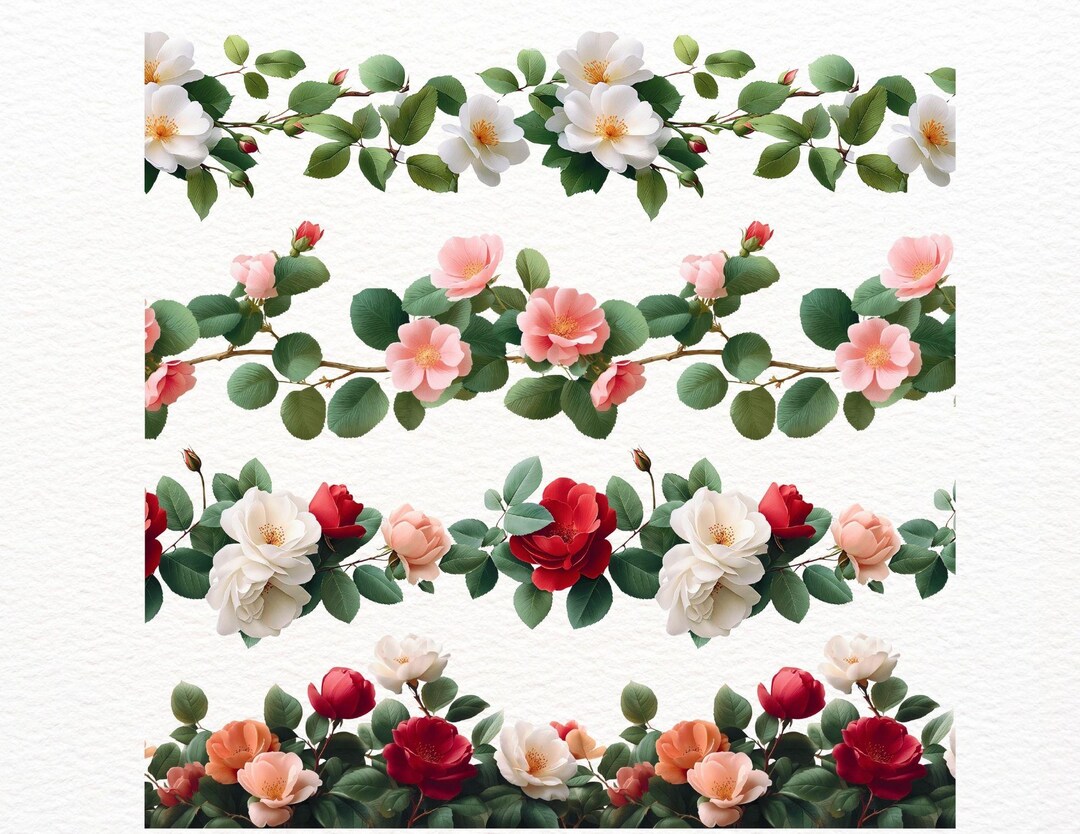 14 Seamless Rose Borders Clipart | Realistic Floral Continuous Borders ...
