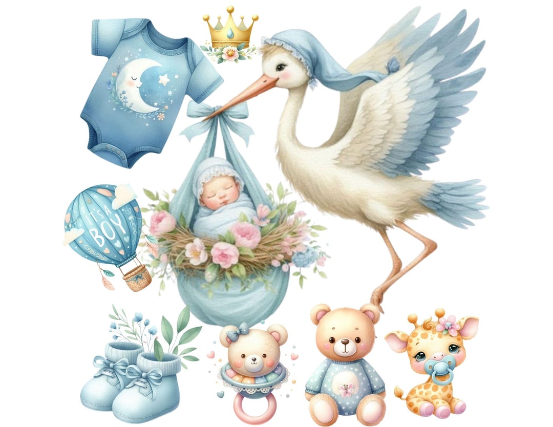 42 Blue Baby Shower Clipart, Watercolor Newborn Illustrations, First ...