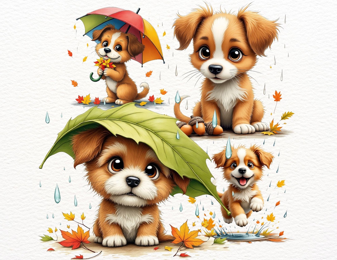18 Cute Puppy Clipart | Autumn, Rain & Leaves | Kids Watercolor Dog ...
