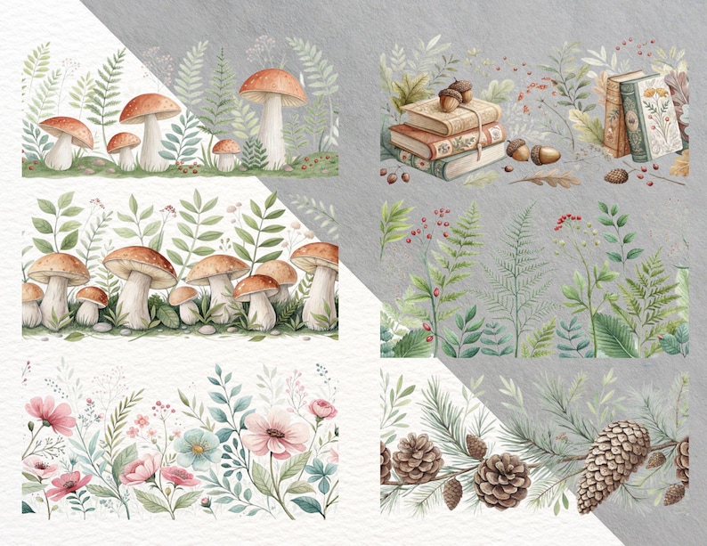 30 Seamless Forest Borders Clipart | Watercolor Trees, Mushrooms, Cones ...