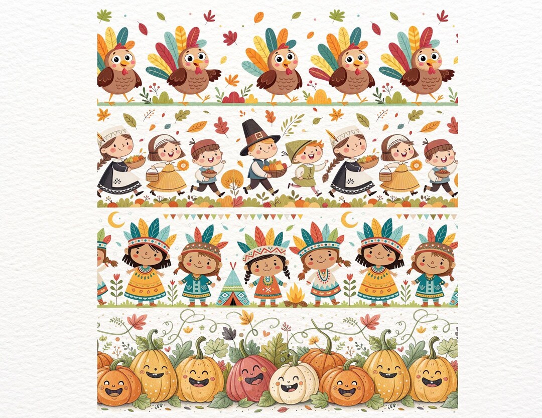 Autumn Thanksgiving Seamless Borders | 14 Cute Turkey, Pilgrim ...