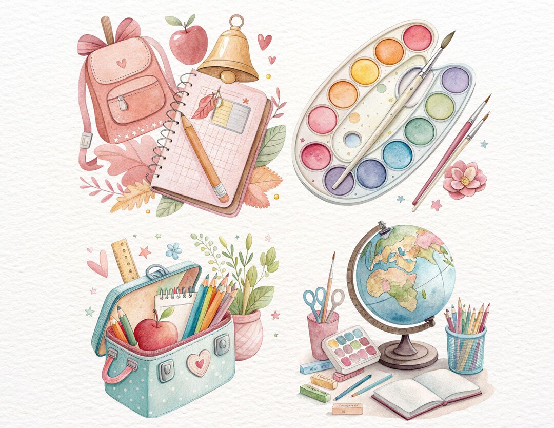 Back to School Clipart Bundle – 36 Pink School Supplies PNG, Cute ...