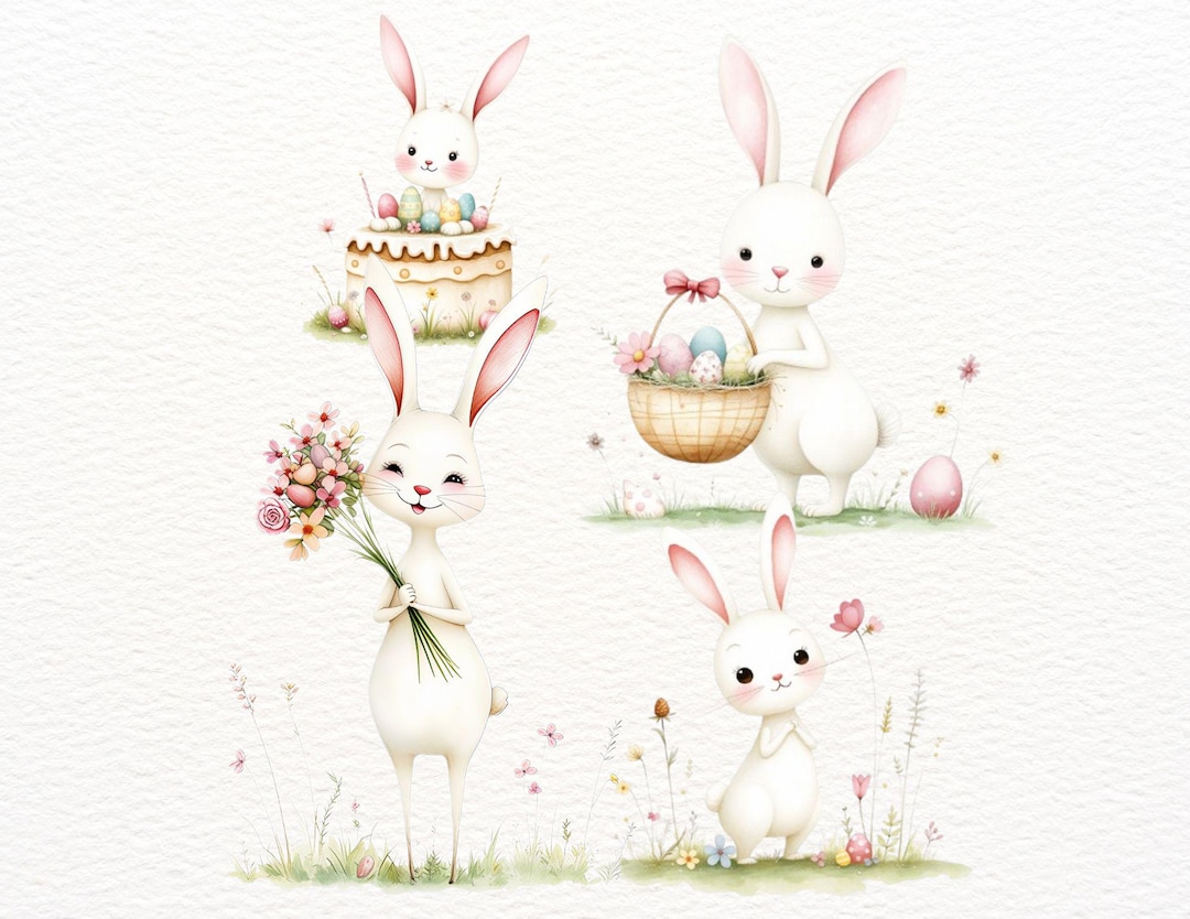 Cute Easter Bunny Clipart Set – 11 PNG Illustrations With Easter Eggs ...