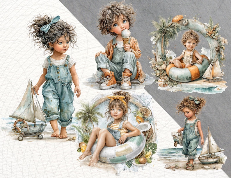 Cute Beach Kids Watercolor Clipart | 28 Summer Ocean Children PNG ...