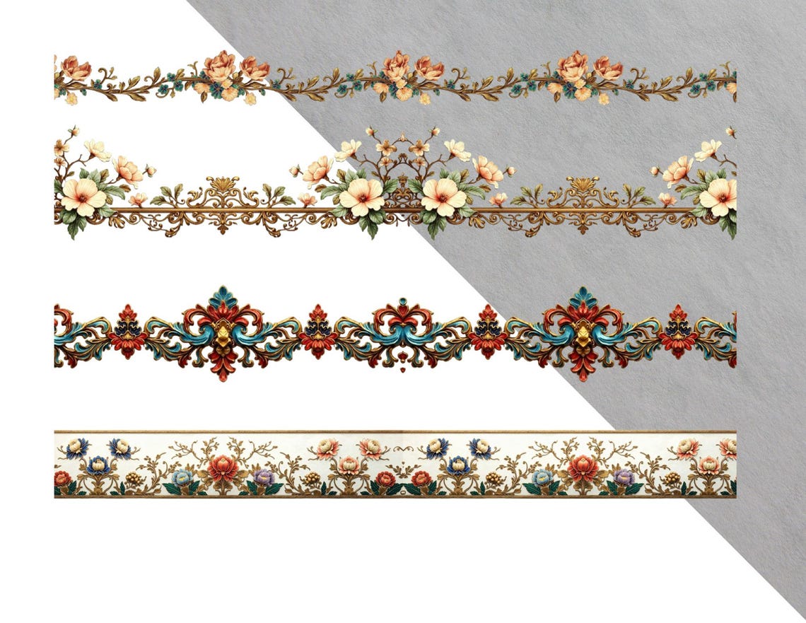25 Seamless Floral Baroque Borders PNG – Vintage Ornamental Flower ...