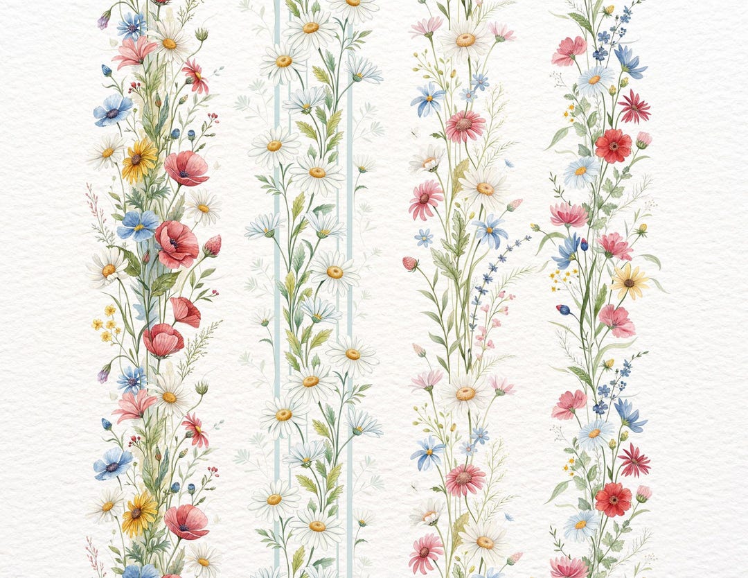 17 Seamless Vertical Floral Borders: Wildflower Watercolor Clipart, PNG ...