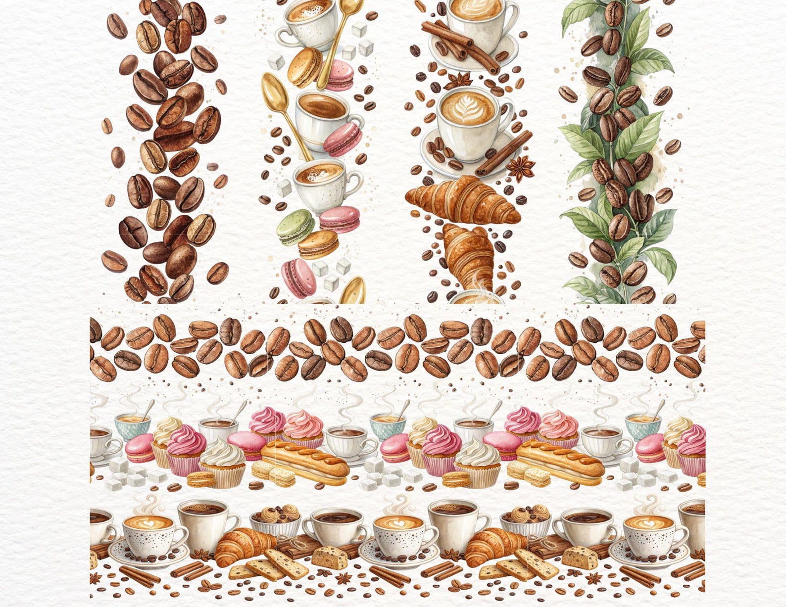 22 Coffee Seamless Borders PNG – Watercolor Coffee Clipart With Beans ...