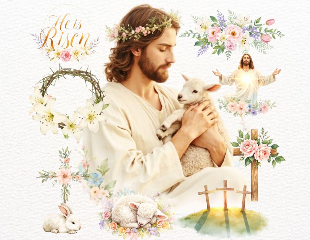 Easter Watercolor Clipart| Floral Cross| Bunny Lamb| Jesus Resurrection ...