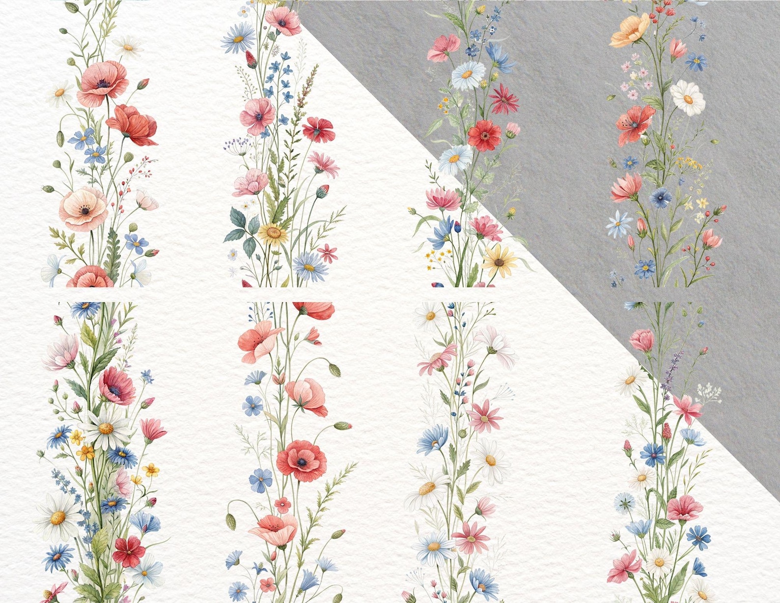 17 Seamless Vertical Floral Borders: Wildflower Watercolor Clipart, PNG ...