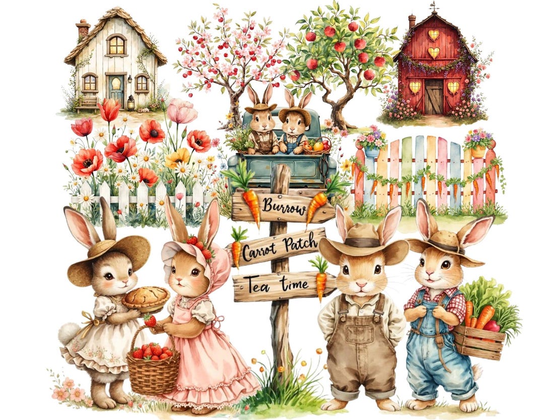 Watercolor Bunny Farm Clipart – 59 Cute Farmer Rabbit, Countryside Clip ...
