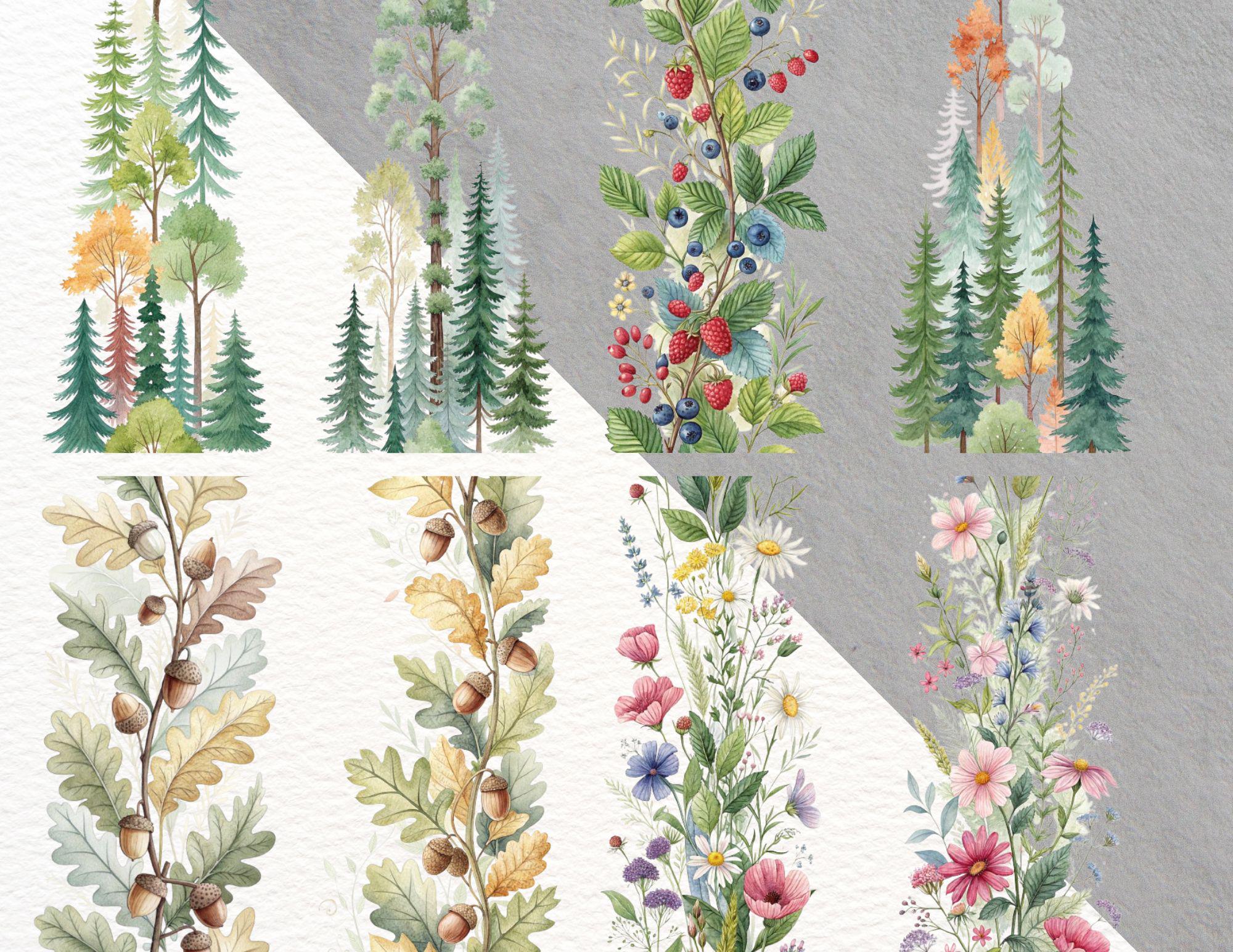 30 Seamless Forest Borders Clipart | Watercolor Trees, Mushrooms, Cones ...