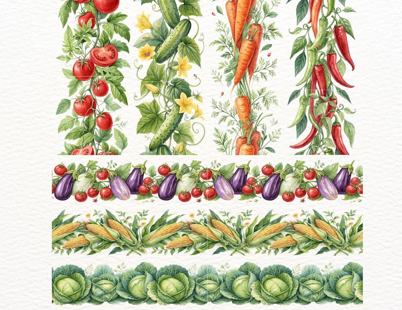 28 Seamless Vegetable Borders Clipart PNG – Horizontal & Vertical ...