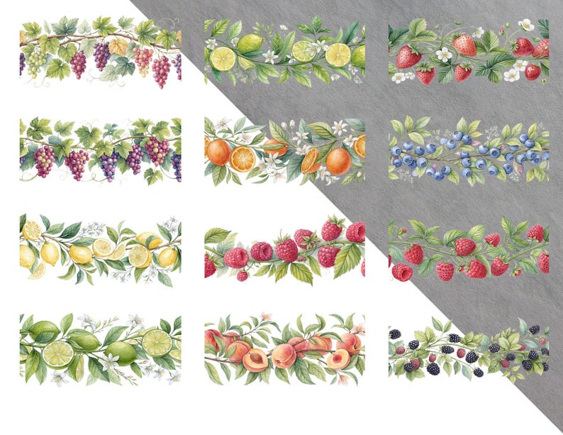 Berry and Fruit Seamless Borders Clipart, 80 Vertical and Horizontal ...