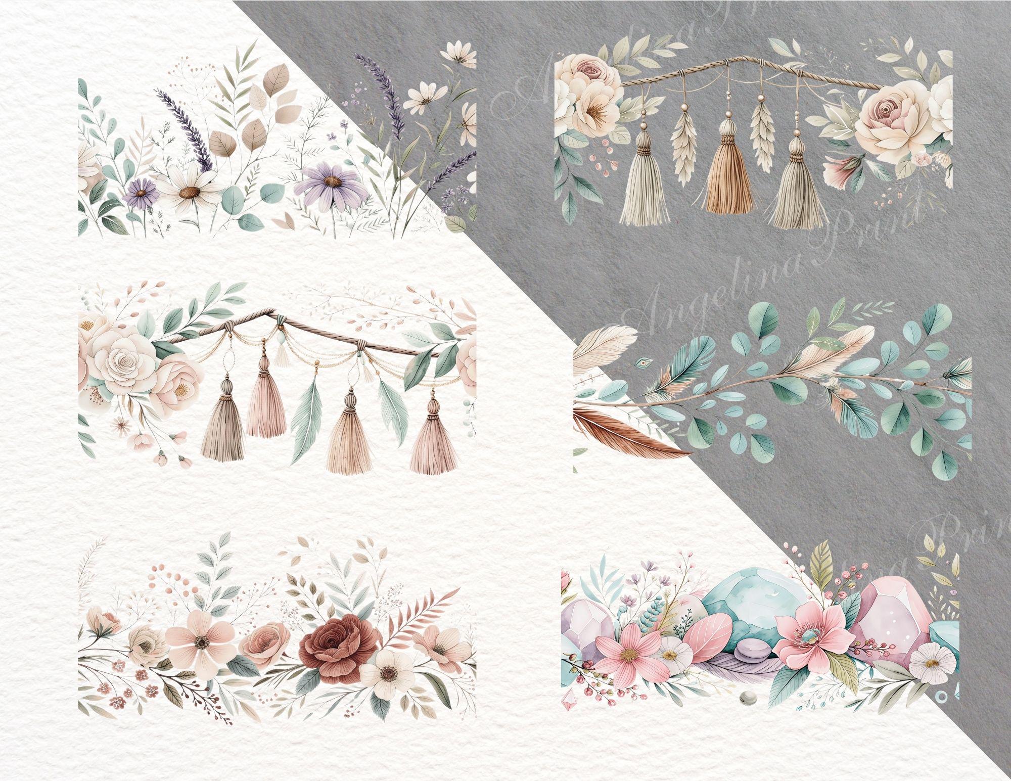 17 Boho Floral Seamless Borders – Watercolor PNG Digital Strips for ...