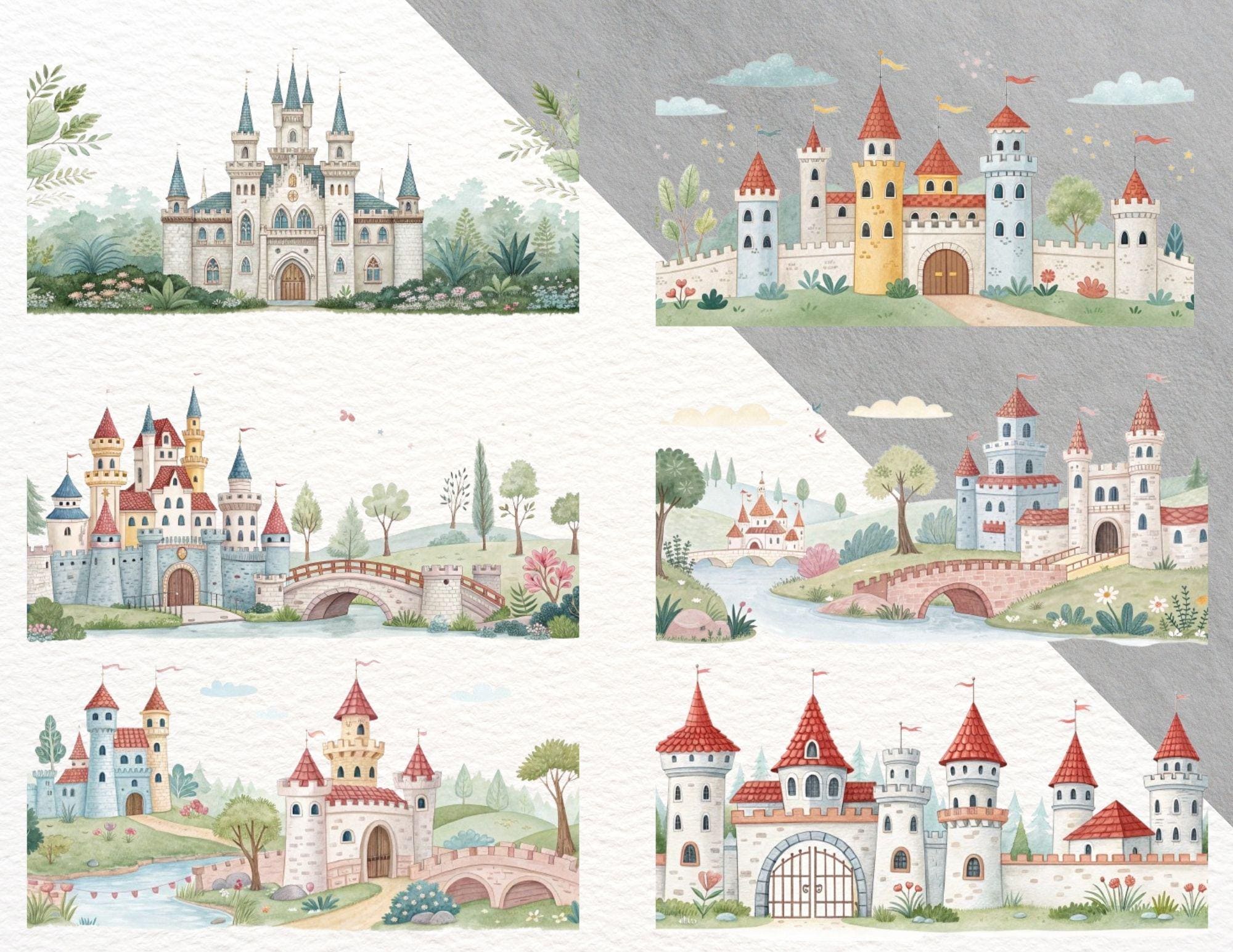 13 Seamless Castle Borders – Cute Medieval Fortress Clipart, Horizontal ...